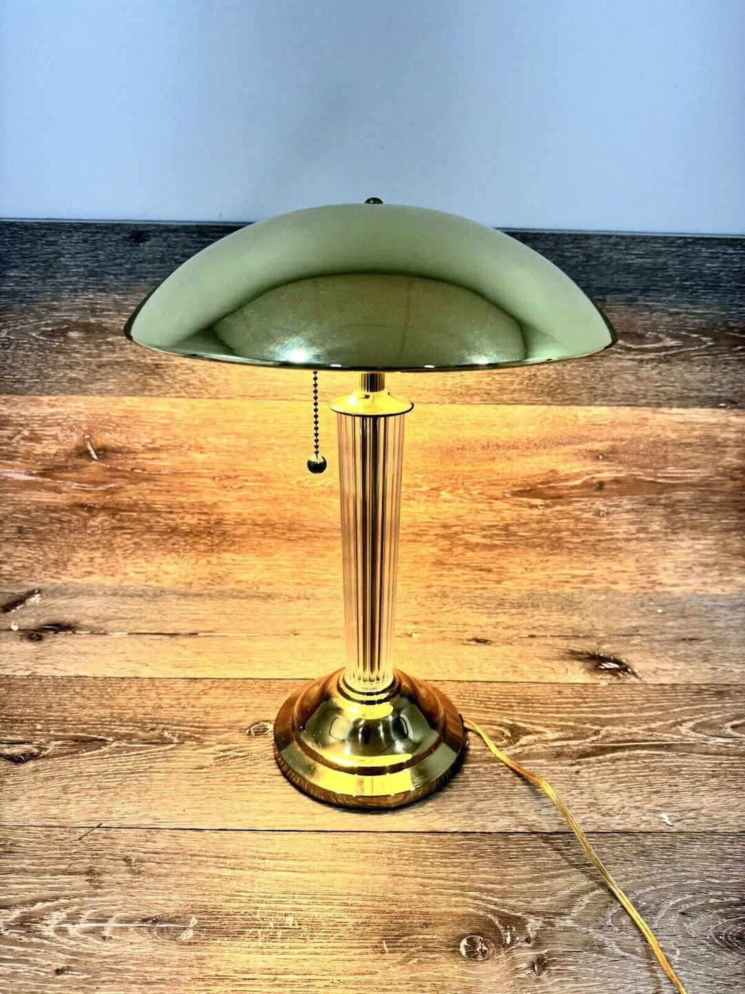 Mid Century Modern Mushroom Table Lamp 17.5" Brass Finish Glass Column ...