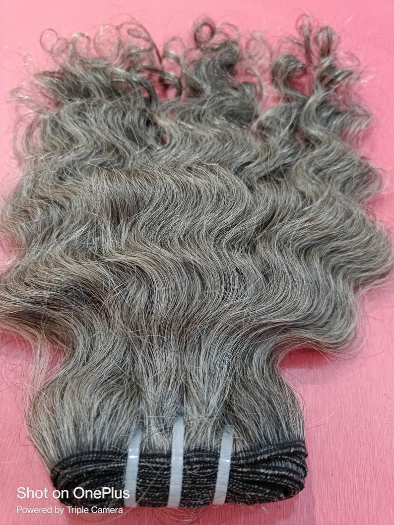 Natural Grey Curly Virgin Human Hair Extensions Pure Gray Hair Double ...