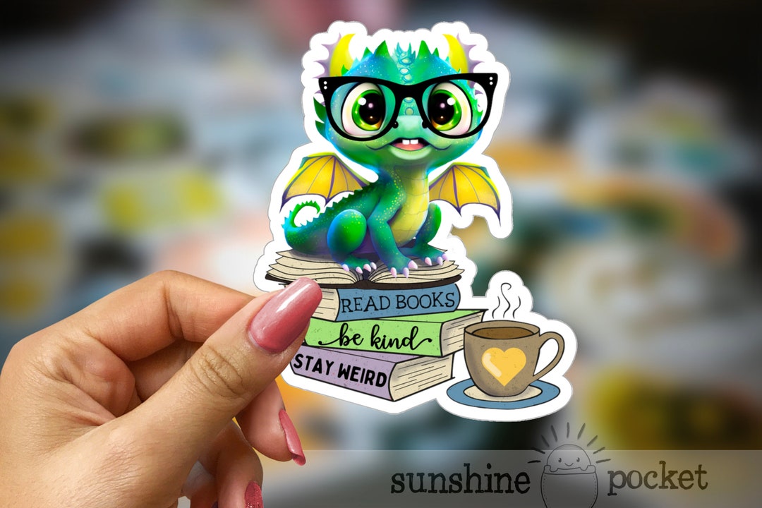 Book Dragon Sticker, Fantasy, Bookish Laptop Sticker, Green Dragon ...