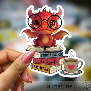 Red Dragon Reading Sticker, Book Lover Sticker, Cute Dragon Sticker ...