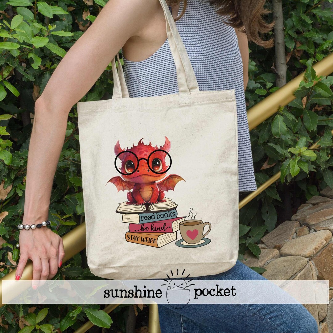 Funny Dragon Reading Tote Bag, Fantasy Dragon Reader Gift, Library Book ...