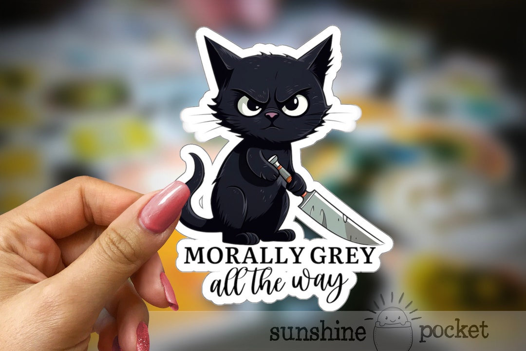 Morally Grey Funny Kitty Sticker, Cute Cat Stabby Knife, Bookish ...