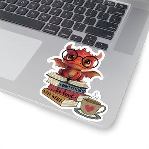 Red Dragon Reading Sticker, Book Lover Sticker, Cute Dragon Sticker ...