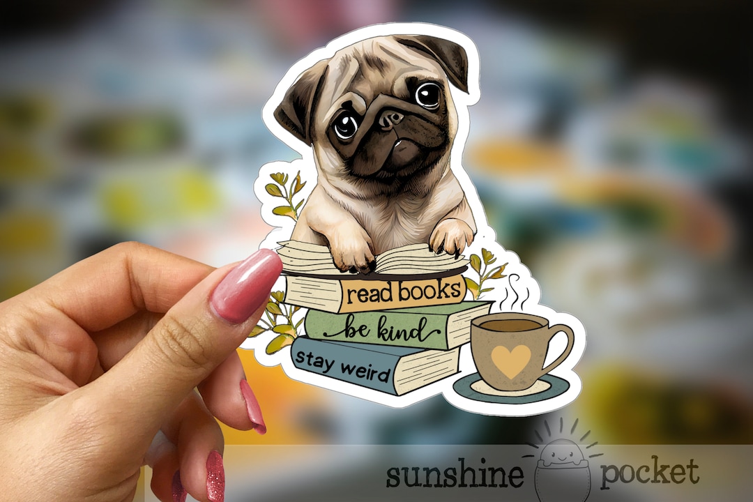 Pug Reading Sticker, Book Lover Sticker, Cute Pug Sticker, Kindle, E ...