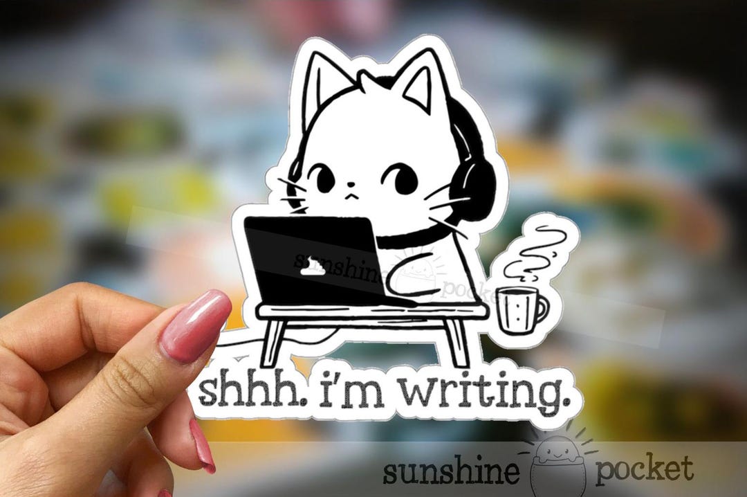 Funny Writer Sticker, Cute Kitty Writing Day Laptop Sticker, Writer ...