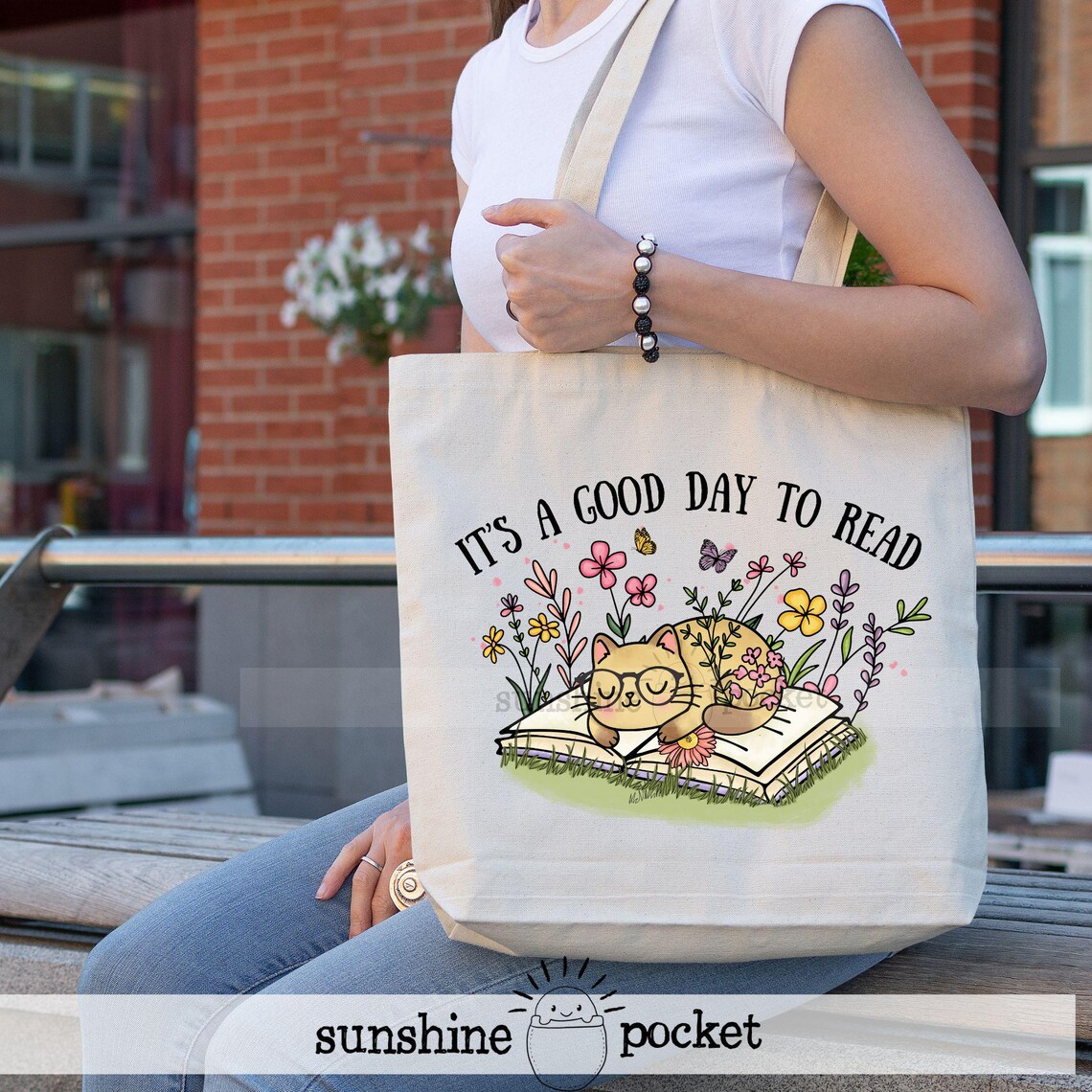 Kitty Books Reading Tote Bag, Canvas Handbag Reader Gift, Library Book ...