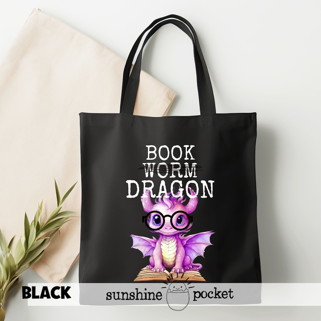 Dragon Reading Books Tote Bag, Fantasy Dragon Reader Gift Library Book ...