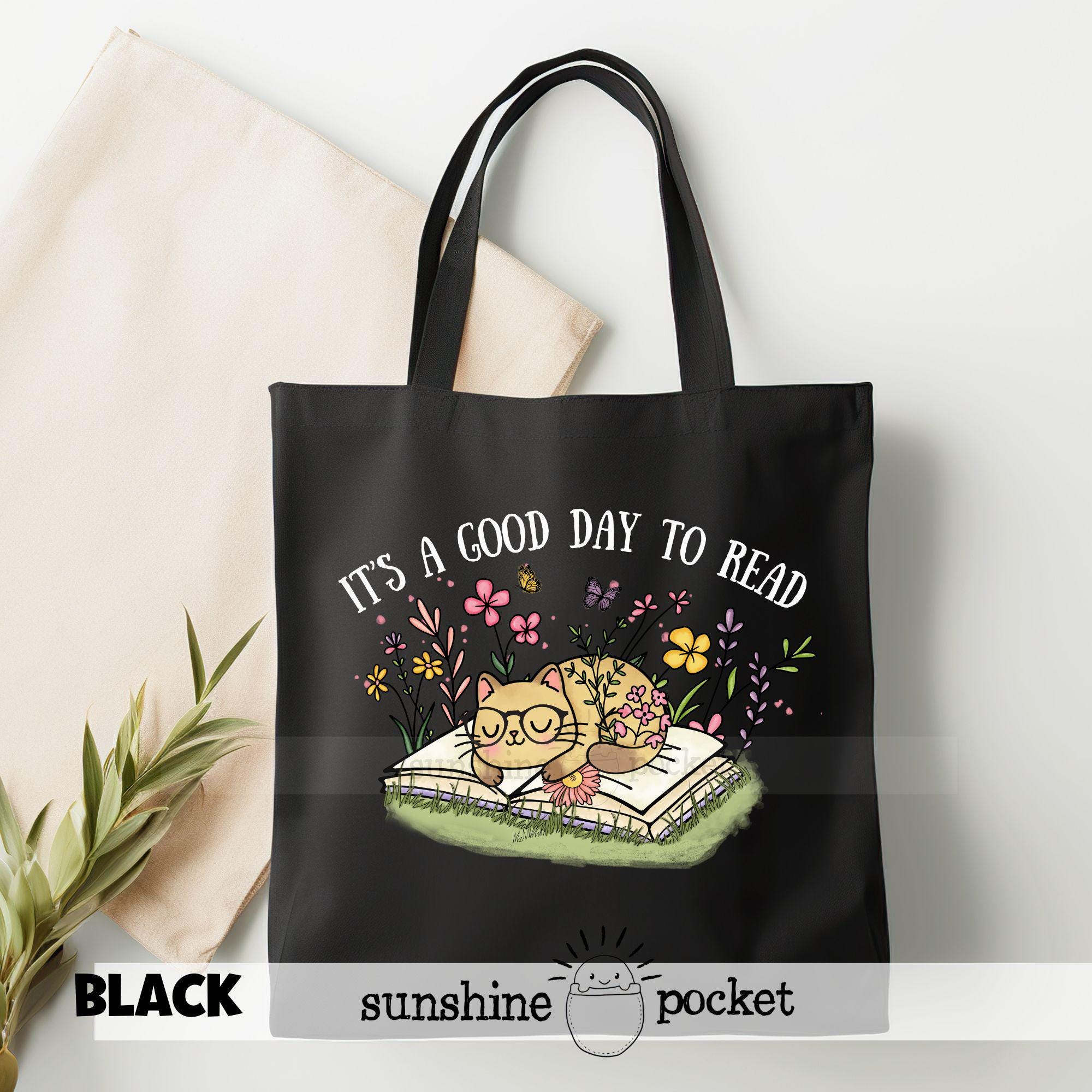 Kitty Books Reading Tote Bag, Canvas Handbag Reader Gift, Library Book ...