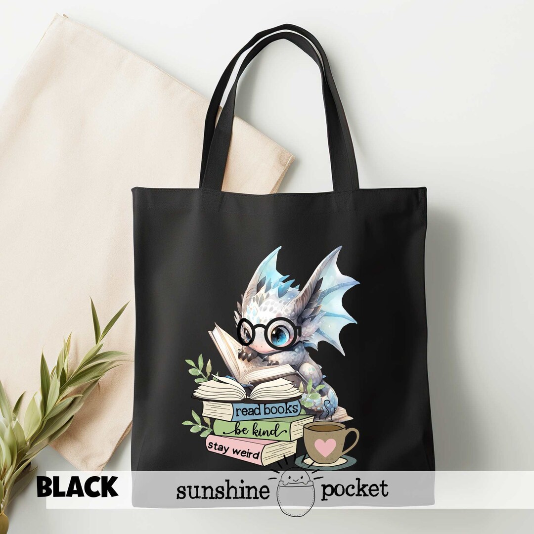 Dragon Reading Books Tote Bag, Fantasy Dragon Reader Gift, Library Book ...