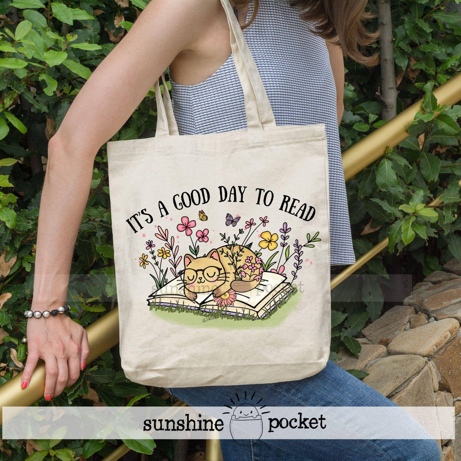 Kitty Books Reading Tote Bag, Canvas Handbag Reader Gift, Library Book ...