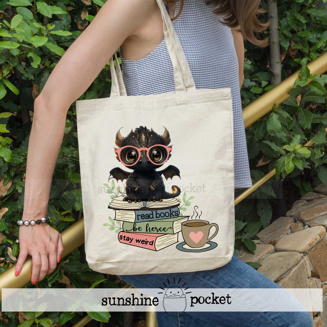 Funny Dragon Reading Tote Bag, Fantasy Dragon Reader Gift, Library Book ...