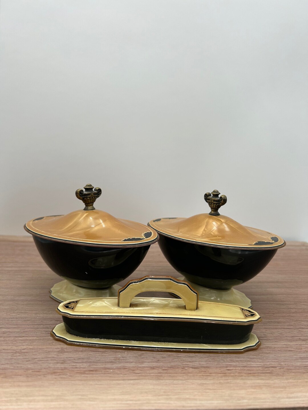 Art Deco Pryalin Sheraton 3 Piece Vanity Set - Powder, Trinket Box and ...