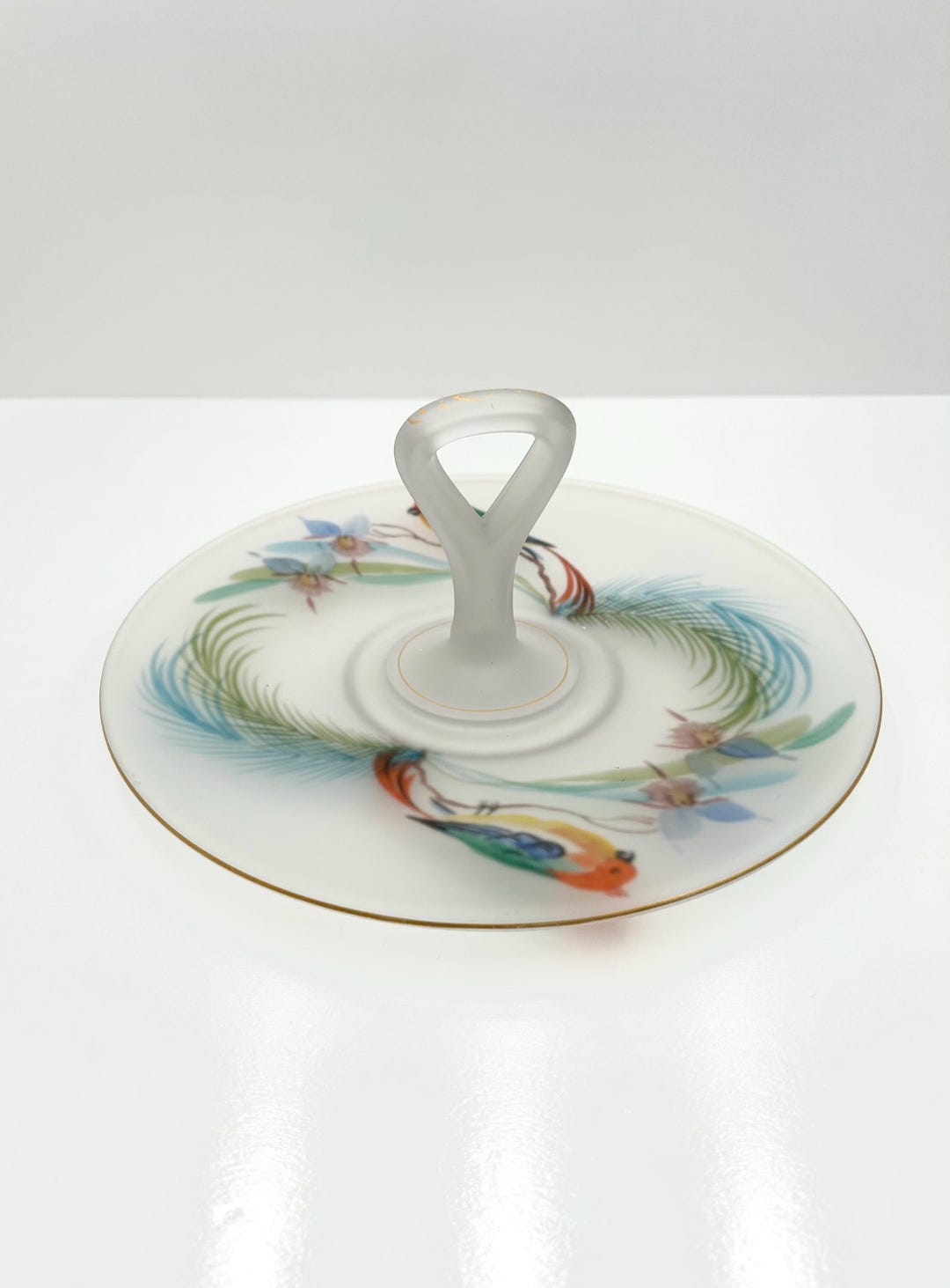 Tiffin Reverse Painted With Birds and Flowers Satin Glass Tidbit Tray ...