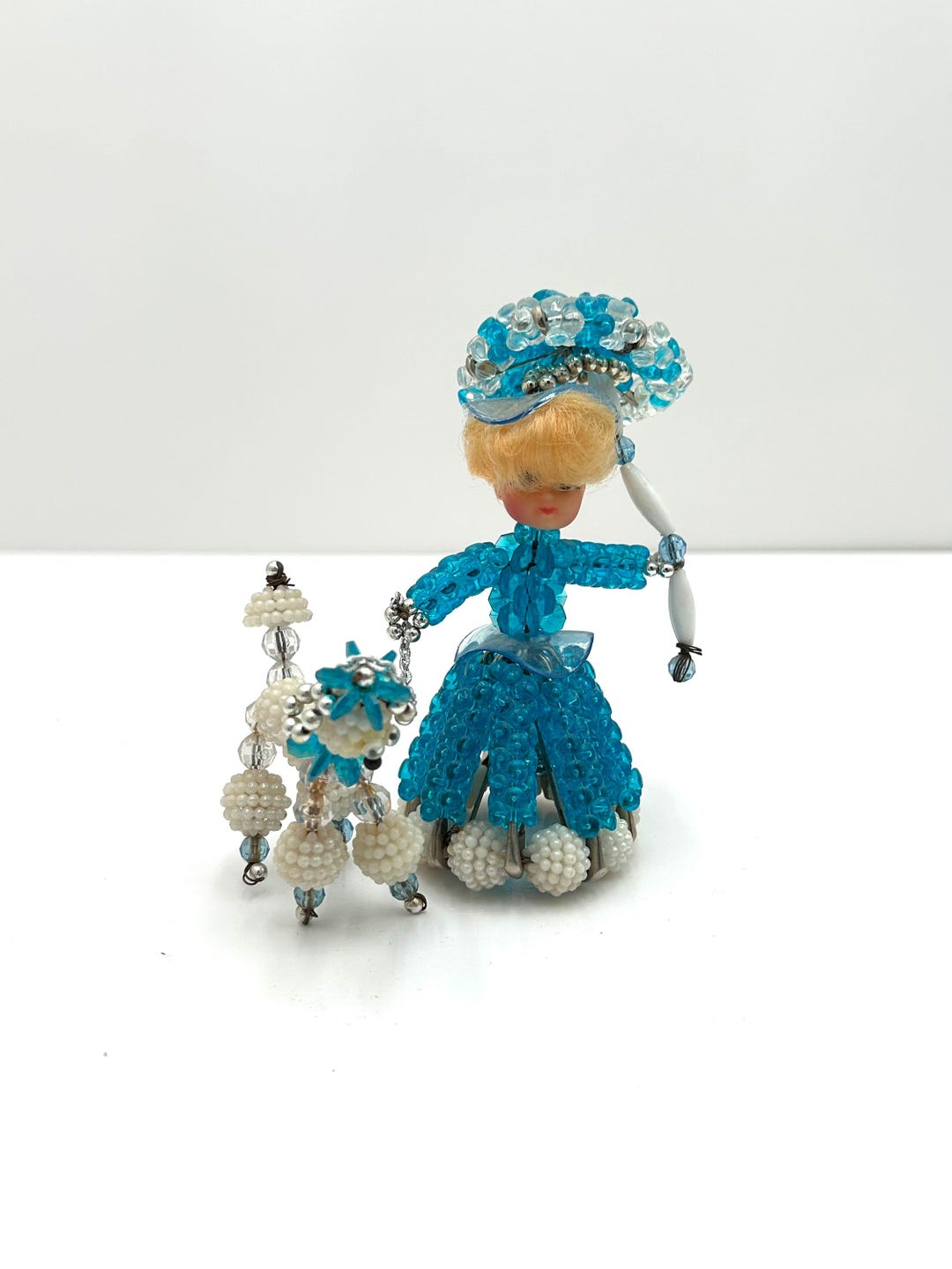 Blue And White Safety Pin Blond Lady Walking Her Safety Pin Poodle Etsy