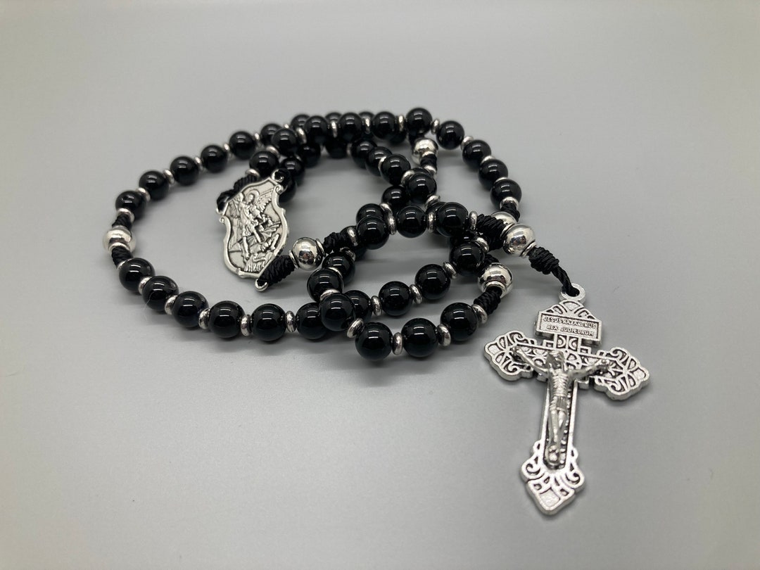 Saint Michael the Archangel Rosary ~ Durable Rosary ~ Police Gift~ Military Gift~ Black Onyx ...