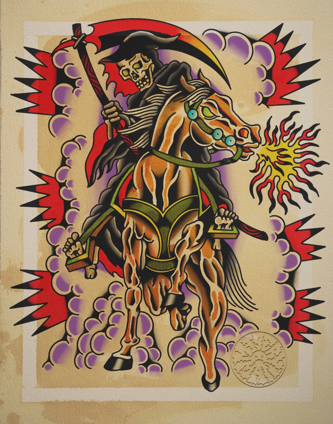 Riding Reaper Tattoo Flash - Etsy