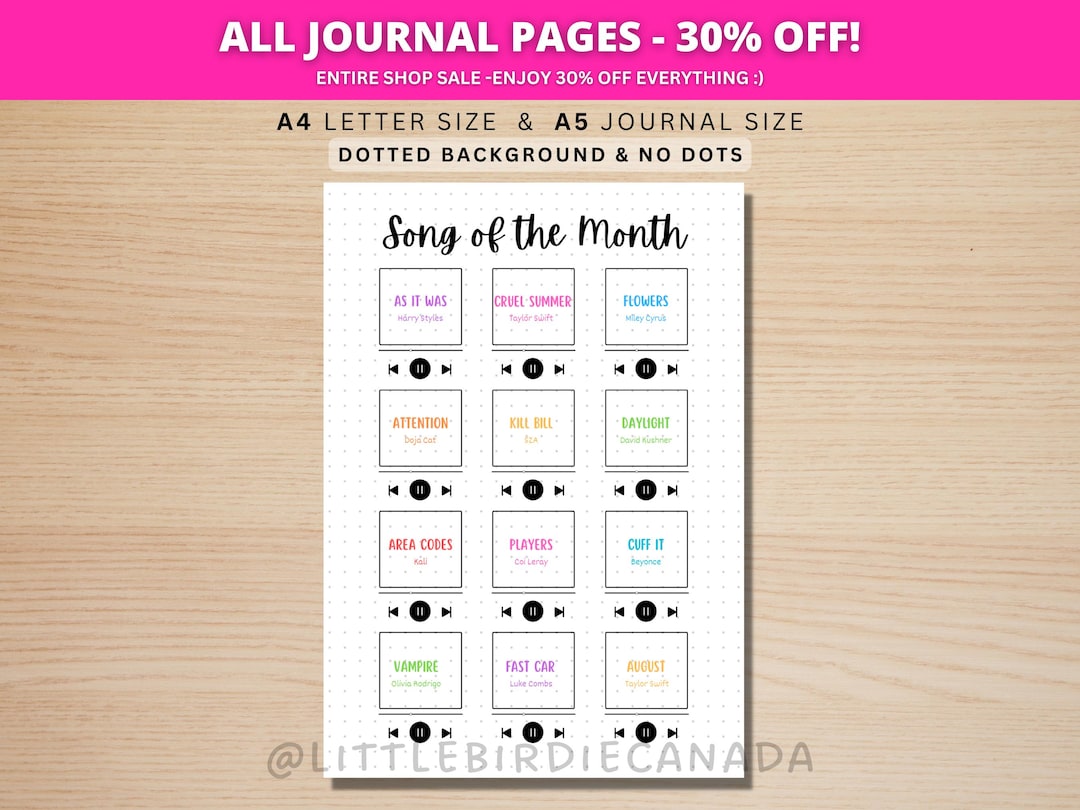 Song of the Month - Yearly Playlist - PRINTABLE Journal Page - Song ...