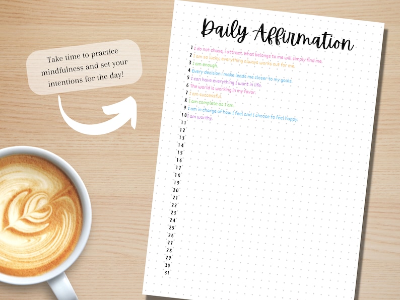 Daily Affirmation Page - Gratitude Journal - Positive Affirmation ...