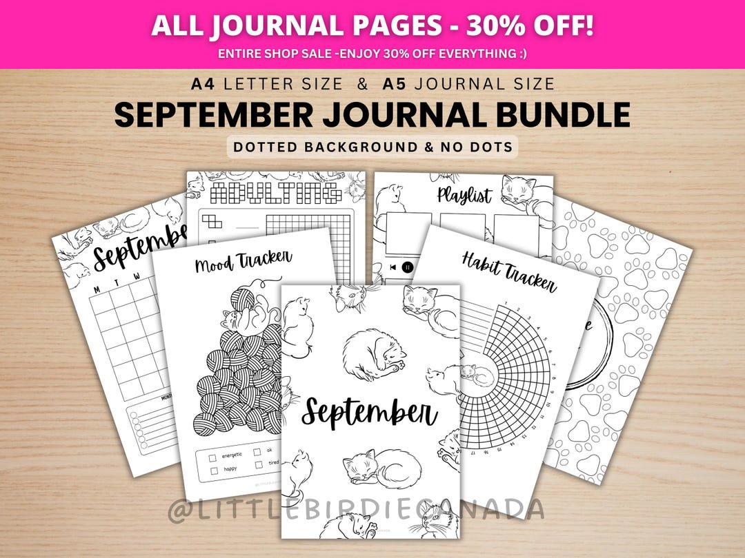 September Journal Bundle - Cats - PRINTABLE Journal Pages - BLACK ...