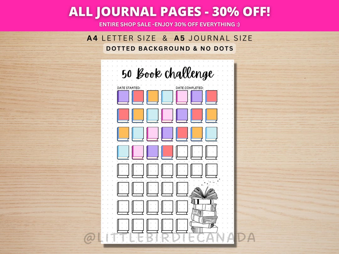 50 Book Reading Challenge - PRINTABLE Journal Page - Reading Tracker ...