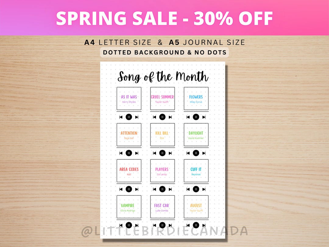 Song of the Month - Yearly Playlist - PRINTABLE Journal Page - Song ...