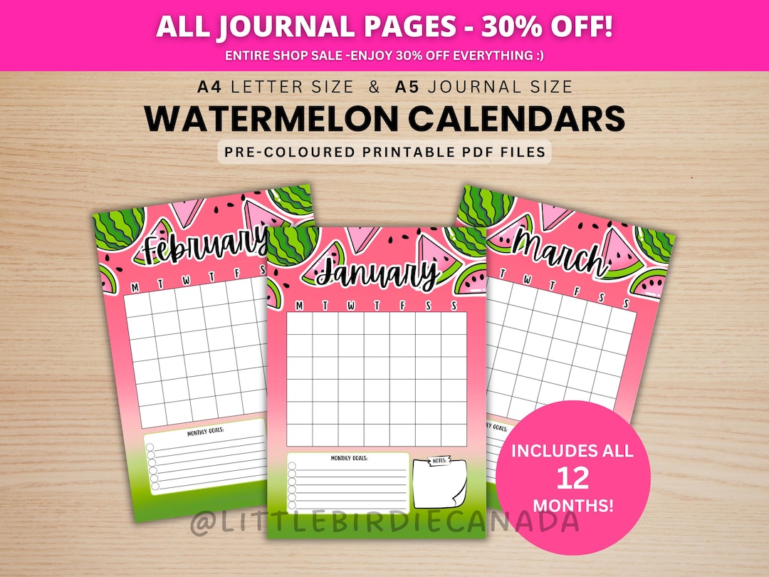 Watermelon Calendar Bundle - Journal Calendar Page - PRINTABLE Journal ...