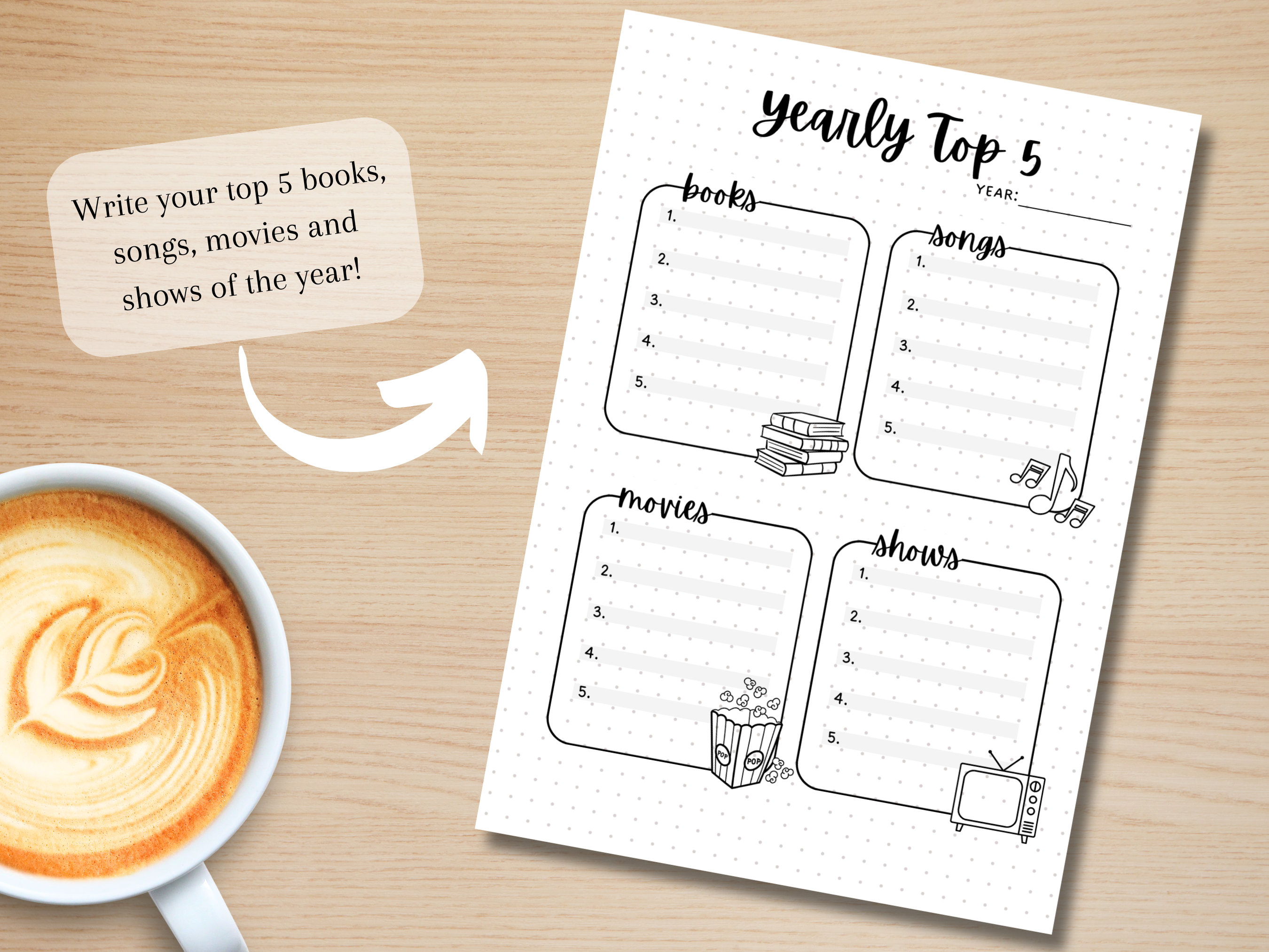 Yearly Top 5 - PRINTABLE Journal Page - Yearly Favourites - Yearly ...