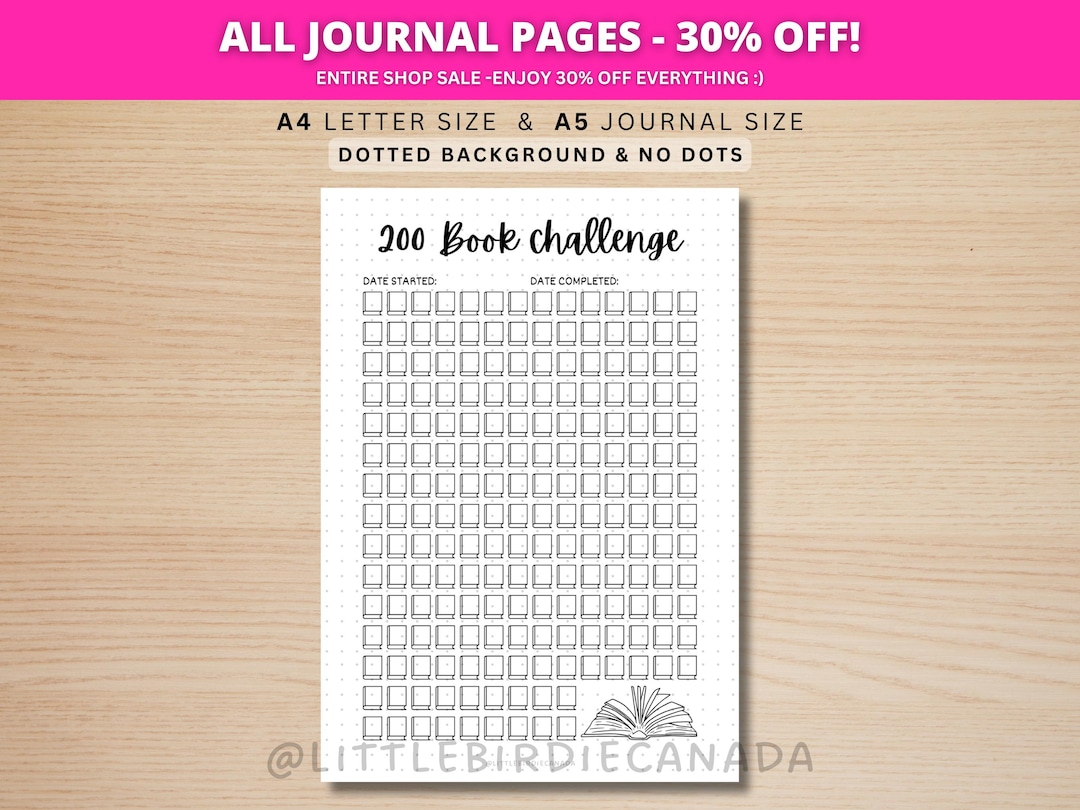 200 Book Reading Challenge - A5 Journal Page - Reading Tracker ...