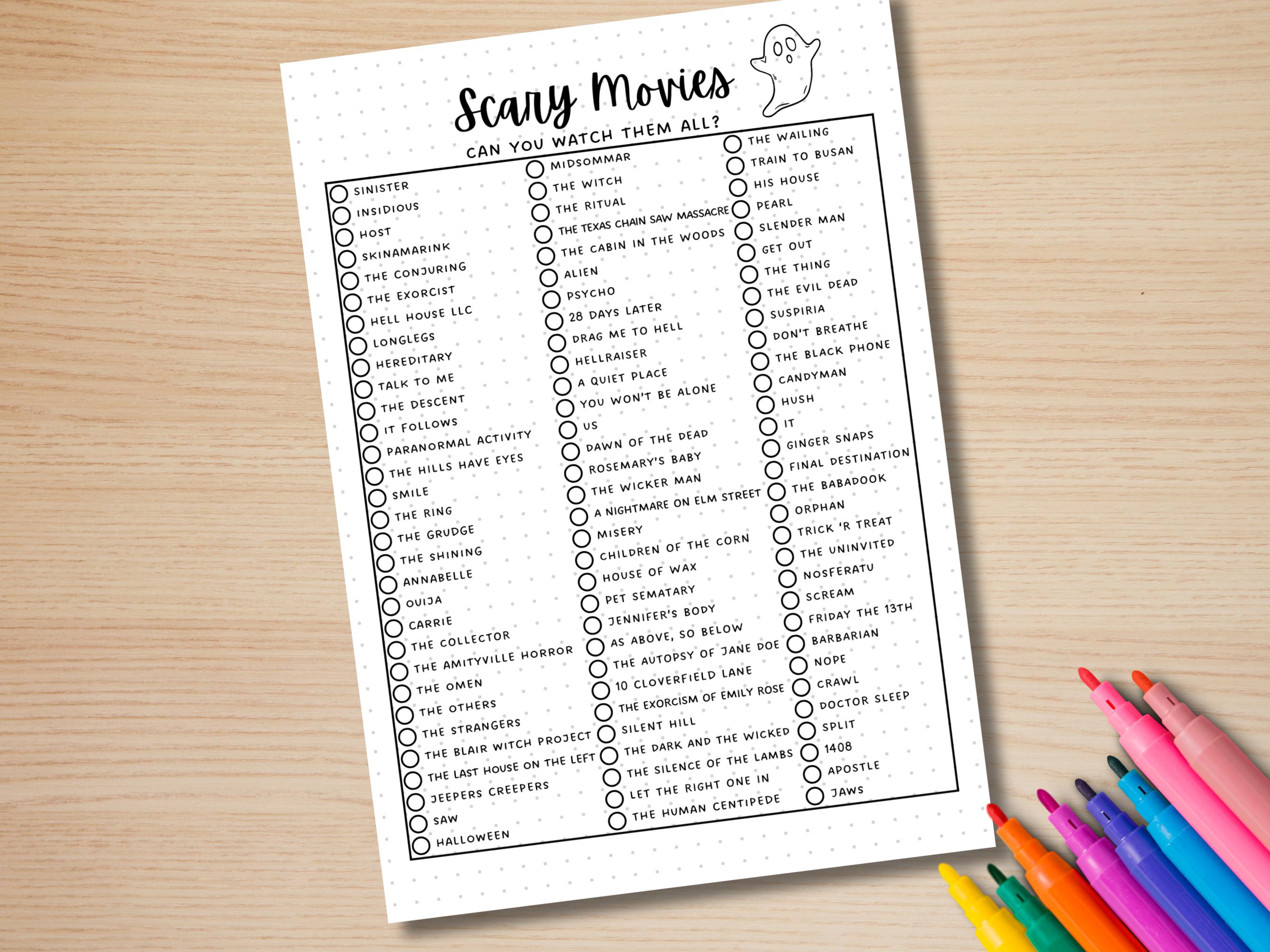 Scary Movies - PRINTABLE Journal Page - Scary Movie List - Scary Movie ...
