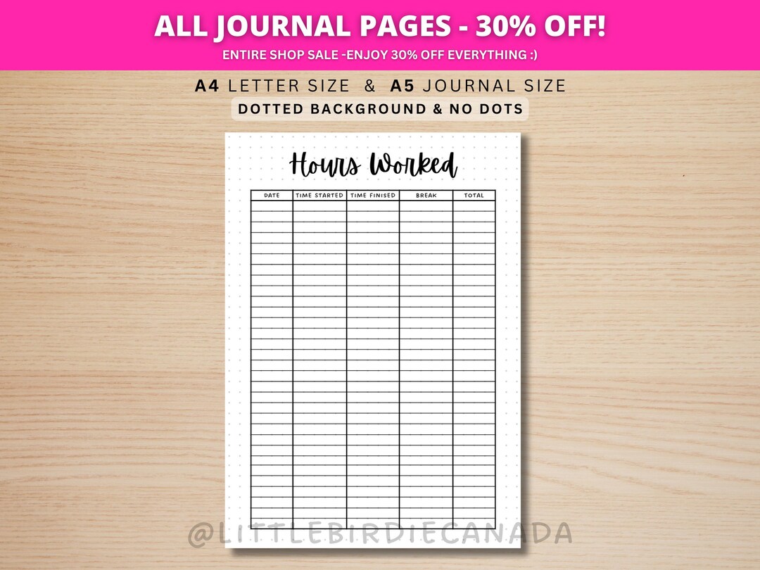 Hours Worked Tracker - PRINTABLE Journal Page - Work Hours - Time Sheet ...