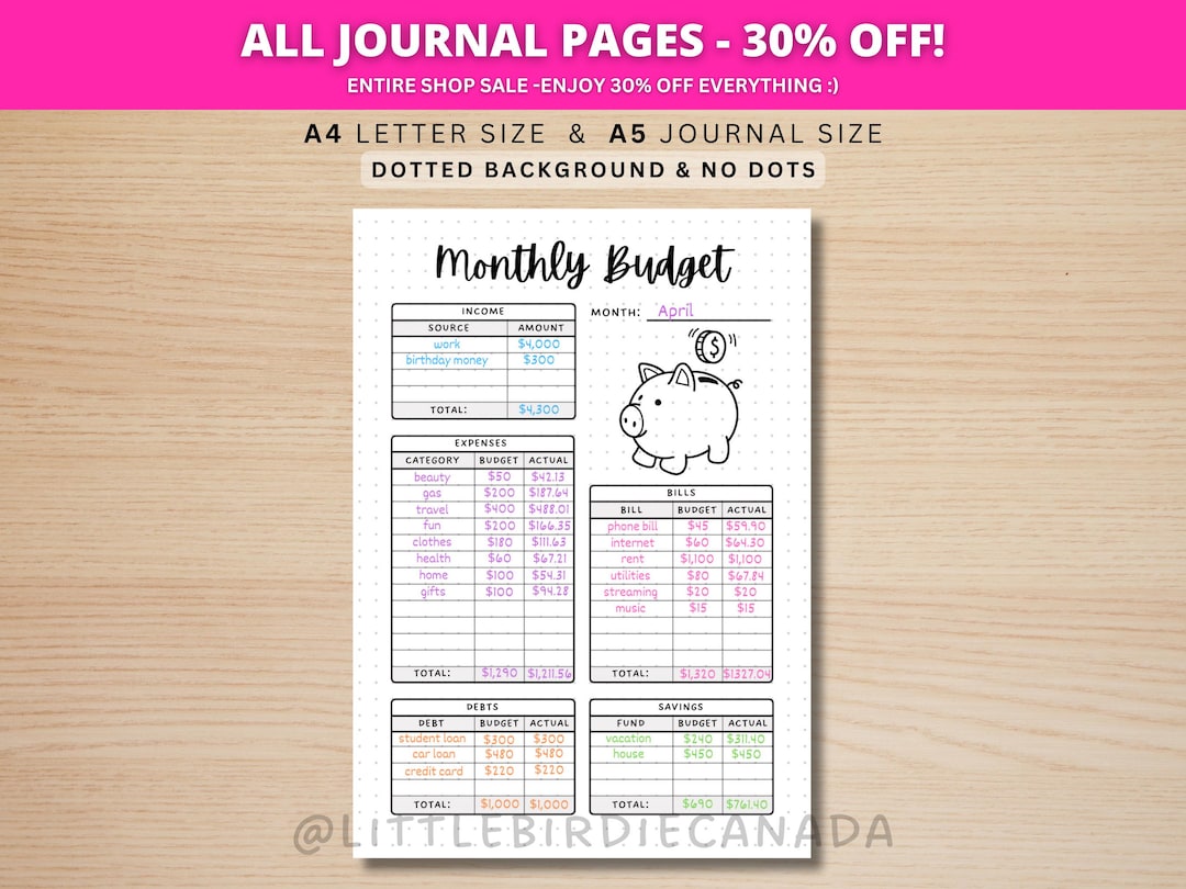 Monthly Budget Tracker - PRINTABLE Journal Page - Planner Page ...