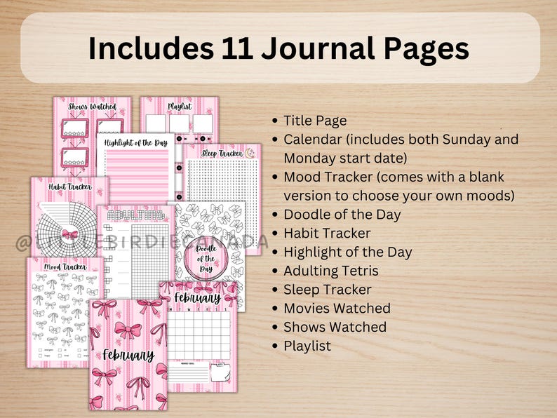 February Journal Bundle - Bows - PRINTABLE Journal Pages - PRE-COLOURED ...