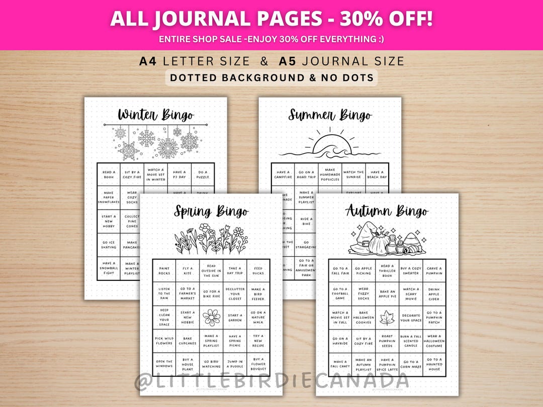 Seasonal Bingo Bundle - PRINTABLE Journal Pages - Winter Bingo - Summer ...
