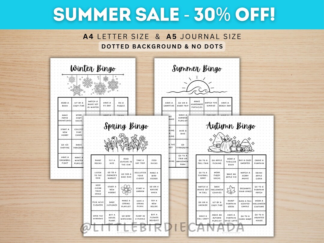 Seasonal Bingo Bundle - PRINTABLE Journal Pages - Winter Bingo - Summer ...