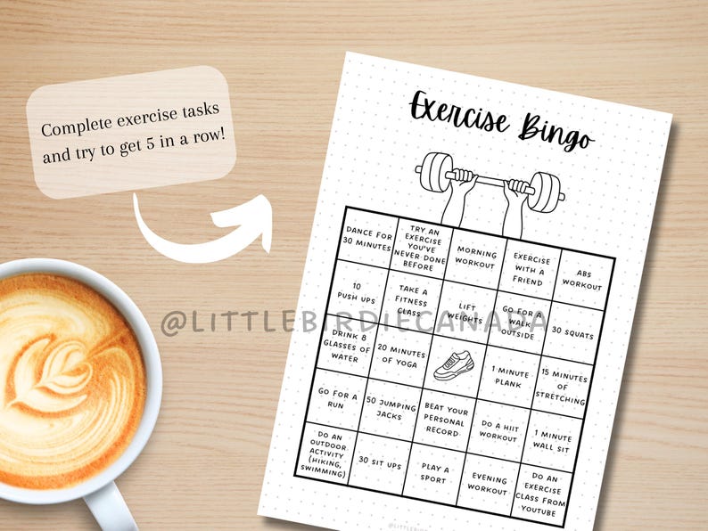 Exercise Bingo Game - PRINTABLE Journal Page - Workout Tracker ...