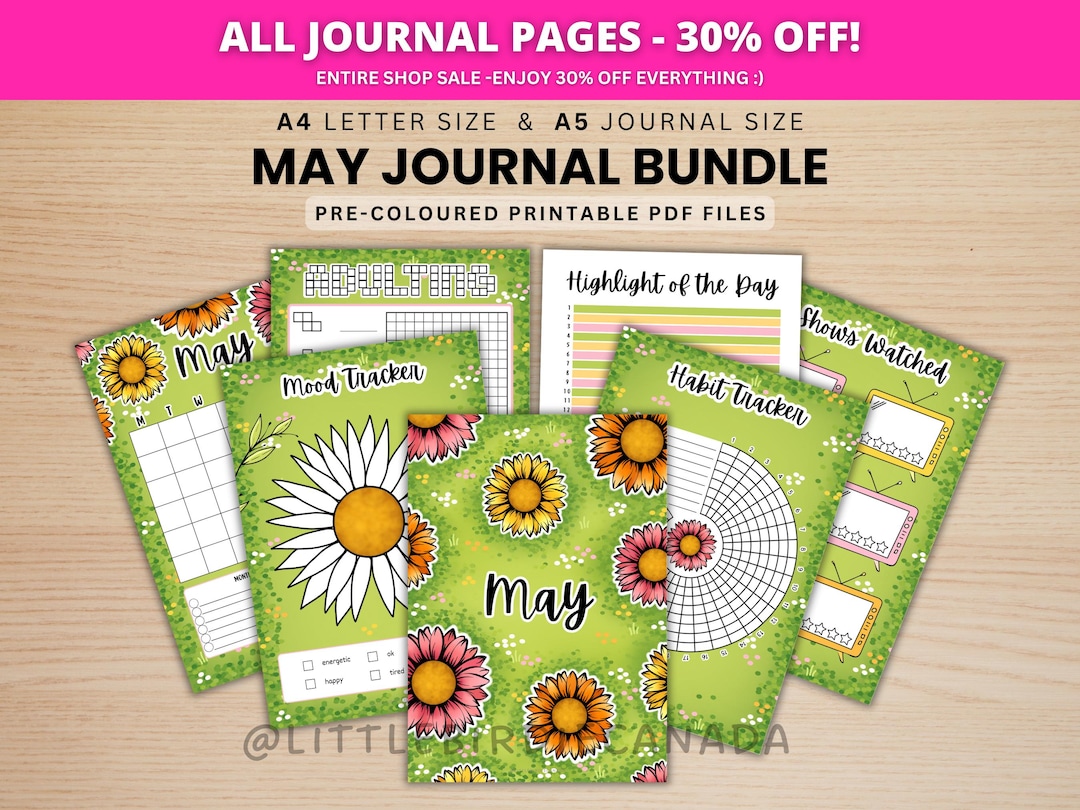 May Journal Bundle - Flowers - PRINTABLE Journal Pages - PRE-COLOURED ...