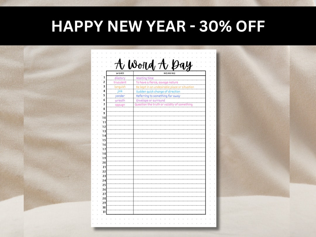 A Word A Day A5 Journal Page PRINTABLE Tracker New Word A Day Daily ...