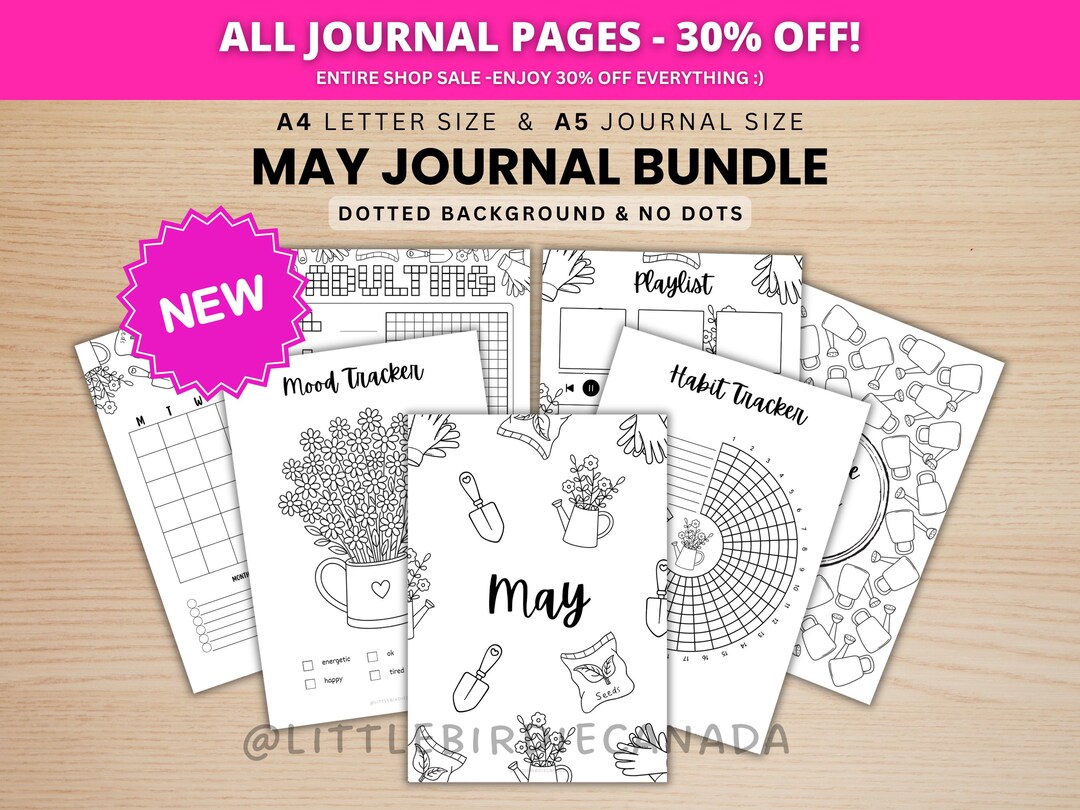 May Journal Bundle - Garden - PRINTABLE Journal Pages - BLACK & WHITE ...
