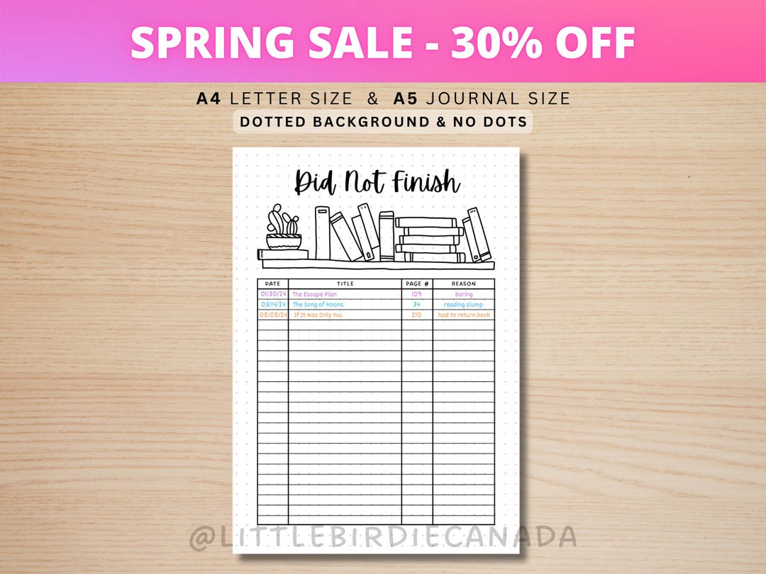 Did Not Finish Reading Tracker - PRINTABLE Journal Page - Book Journal ...