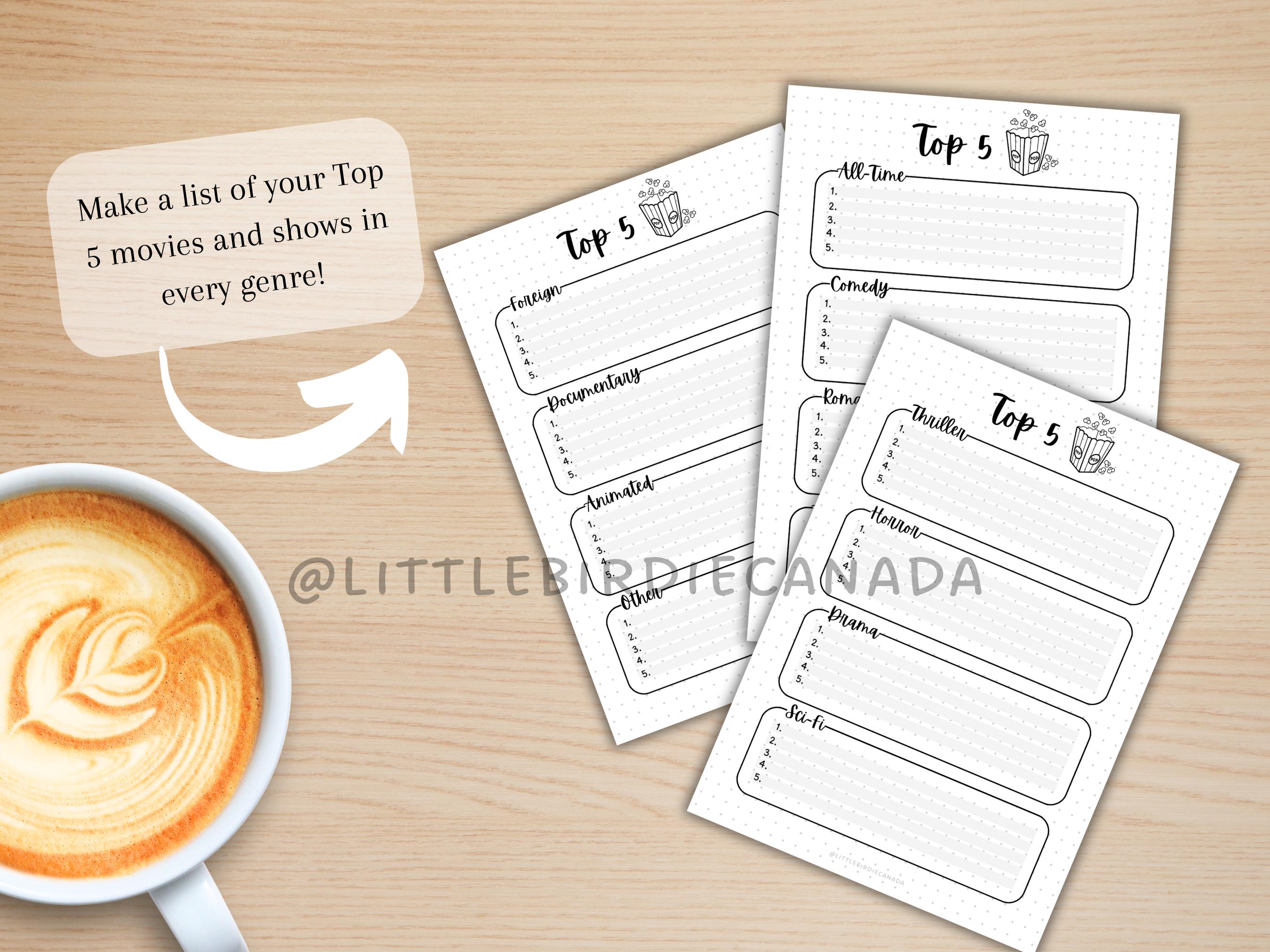 Top 5 Movie Tracker - PRINTABLE Journal Page - Printable Planner Page ...