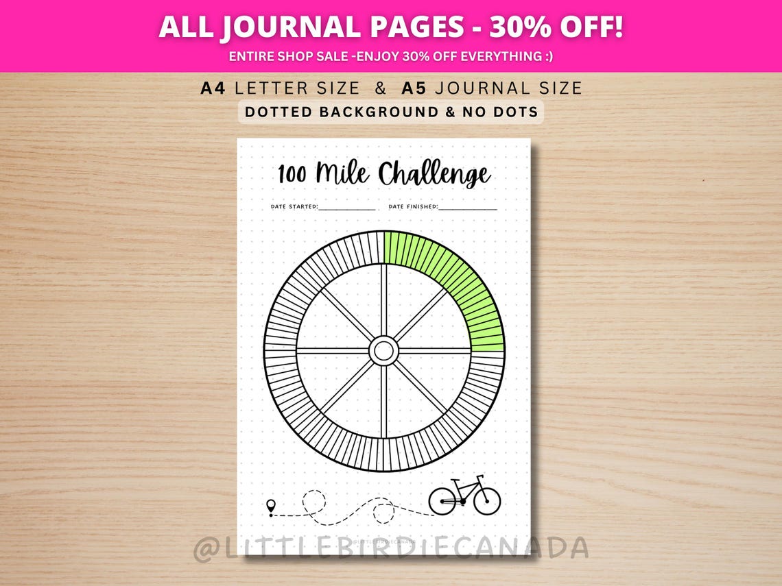 100 Miles Biking Challenge - PRINTABLE Journal Page - Printable Cycling ...