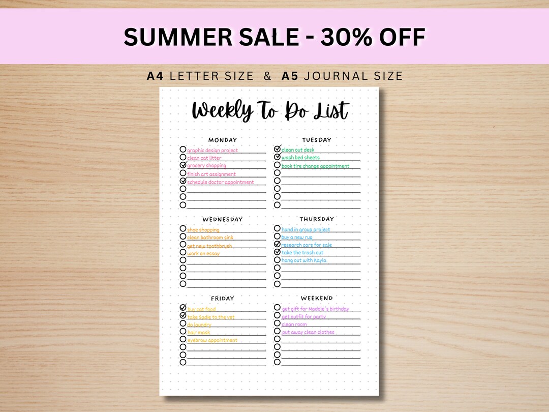 Weekly to Do List PRINTABLE Journal Page Planner Page Weekly Check List ...