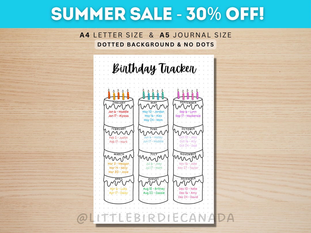 Birthday Tracker - PRINTABLE Journal Page - Birthday Calendar ...