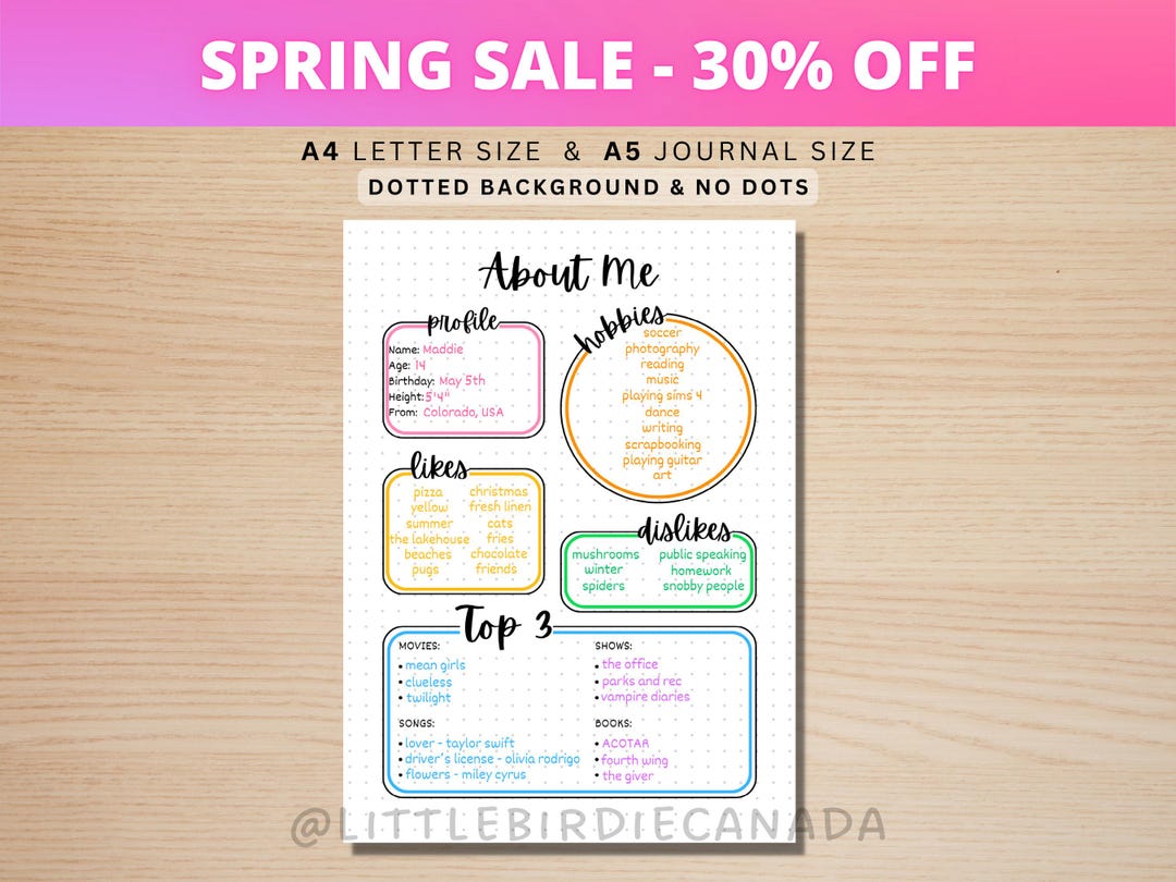 About Me Journal Page - PRINTABLE Journal Page - Info Page - Profile ...