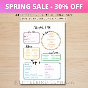 About Me Journal Page - PRINTABLE Journal Page - Info Page - Profile ...