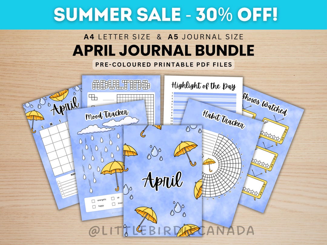 April Journal Bundle - Rain - PRINTABLE Journal Pages - PRE-COLOURED ...