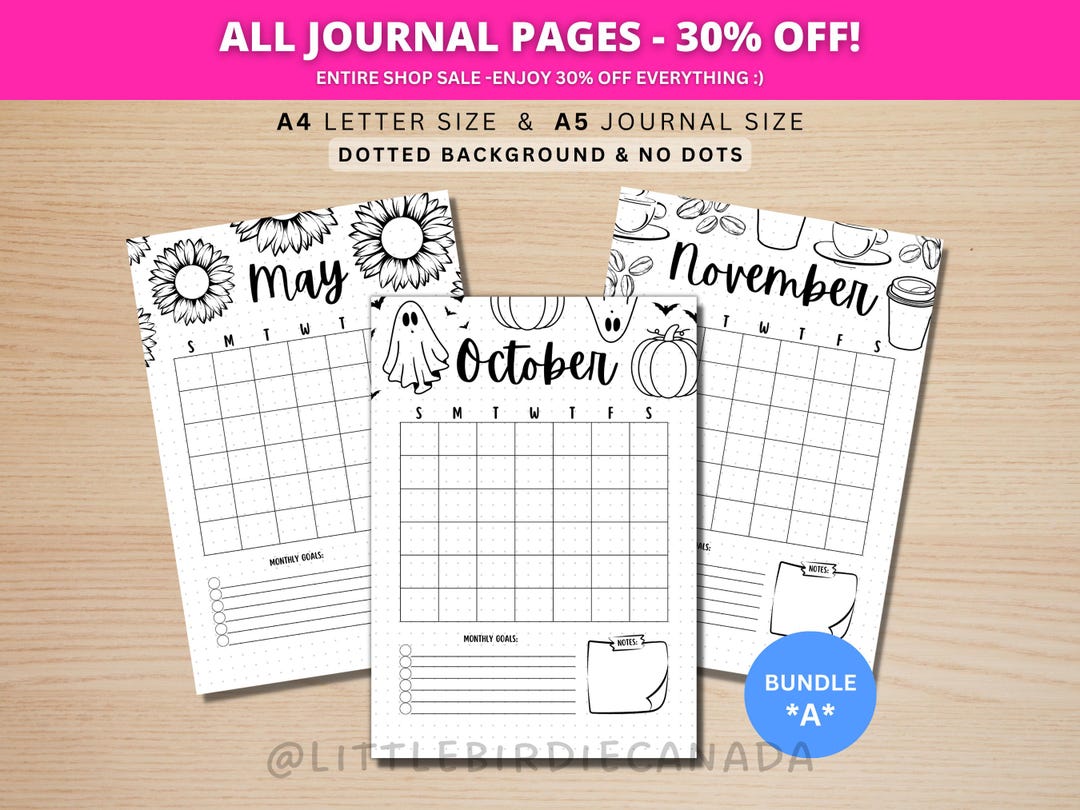 12 Month Calendar - BUNDLE A - Journal Calendar Template - Monthly ...
