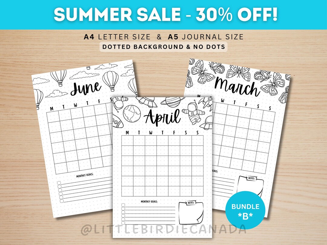 12 Month Calendar - BUNDLE B - Journal Calendar Template - Monthly ...