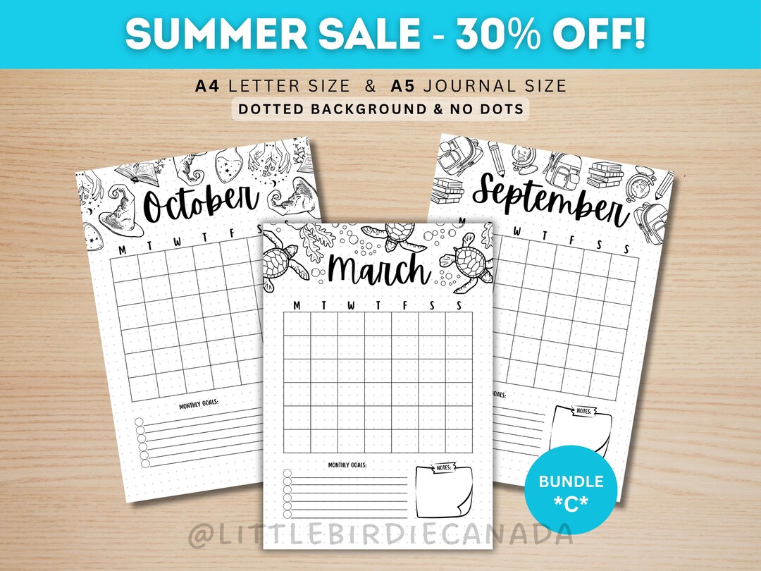 12 Month Calendar - BUNDLE C - Journal Calendar Template - Monthly ...