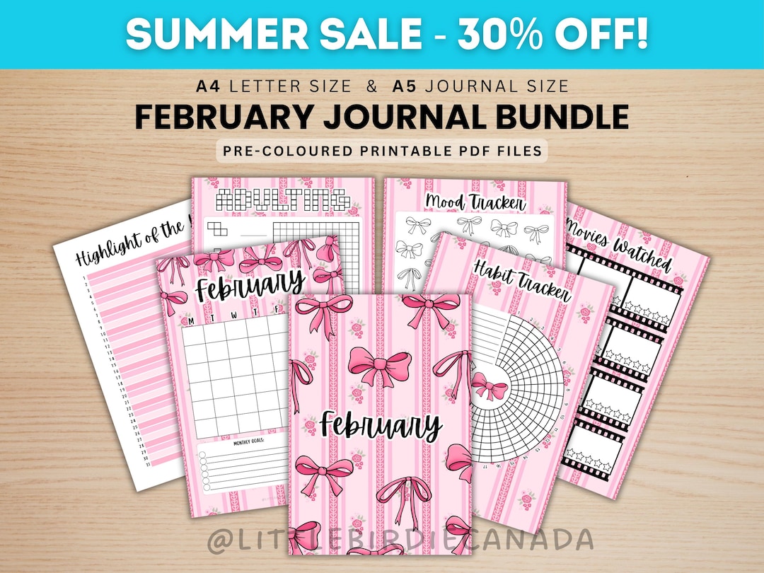 February Journal Bundle - Bows - PRINTABLE Journal Pages - PRE-COLOURED ...